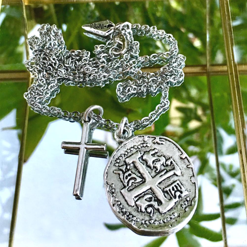 Old Spanish Silver Coin Christian Cross Necklace Stainless Chain – B ...